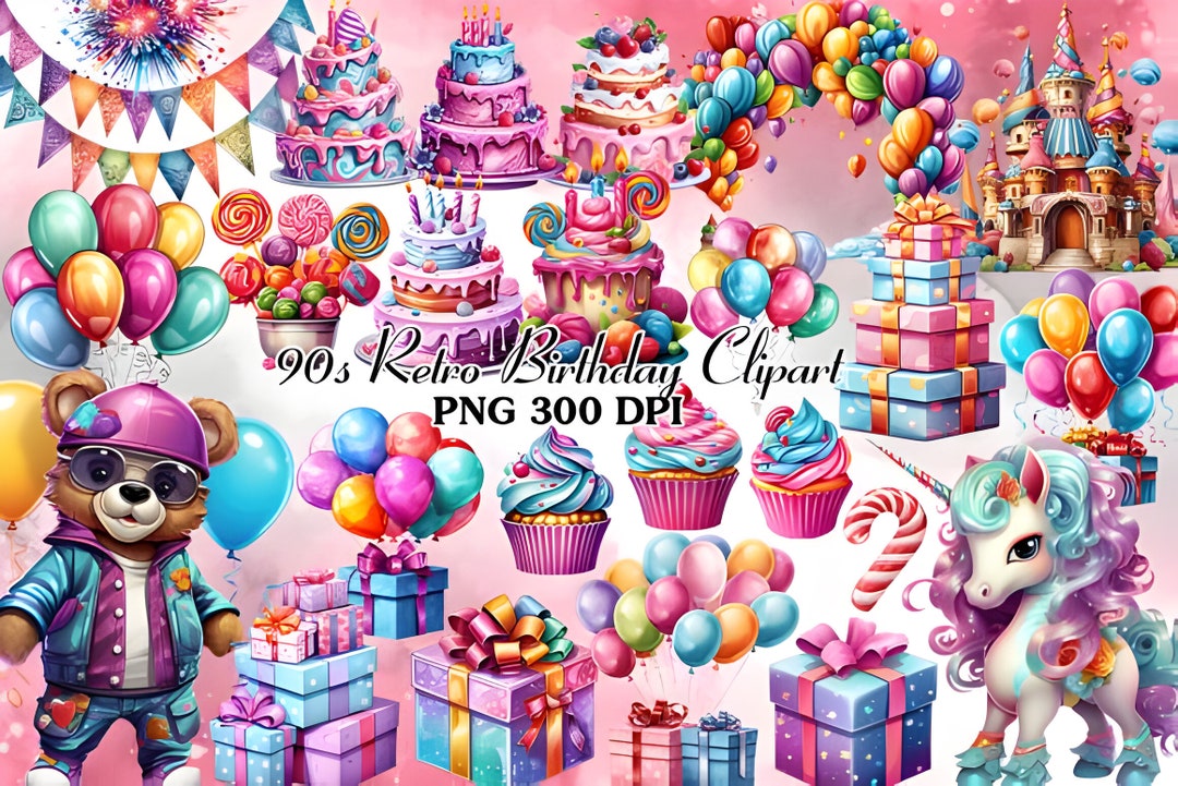 Retro Birthday Clipart Bundle | Watercolor, Birthday, Balloons, Gift ...