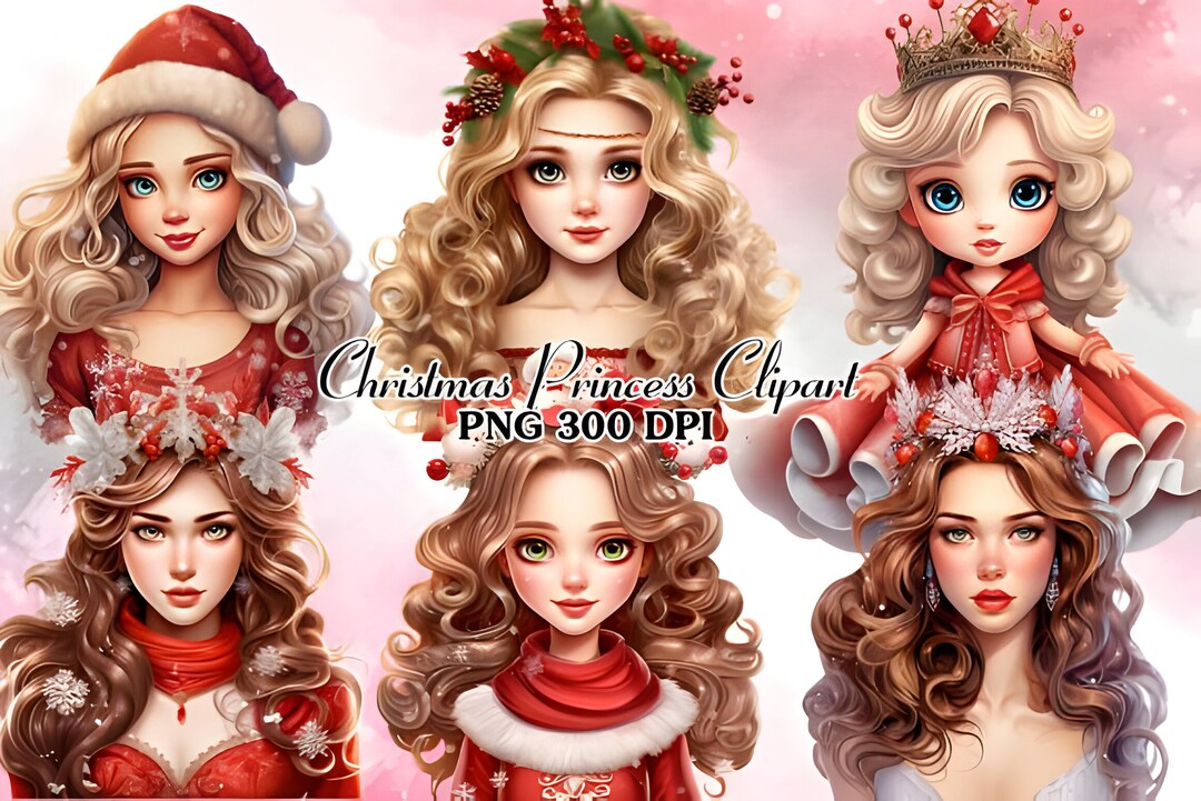 Christmas Princess Clipart Watercolor Bundle, Transparent PNG, Holiday ...