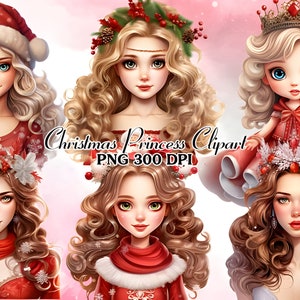 Christmas Princess Clipart Watercolor Bundle, Transparent PNG, Holiday ...