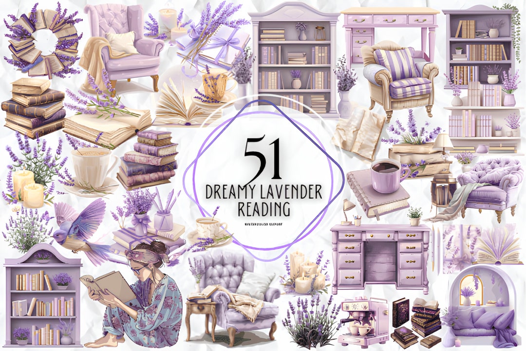 Dreamy Lavender Reading Clipart, Bookworm Life Clipart, Cozy Home ...