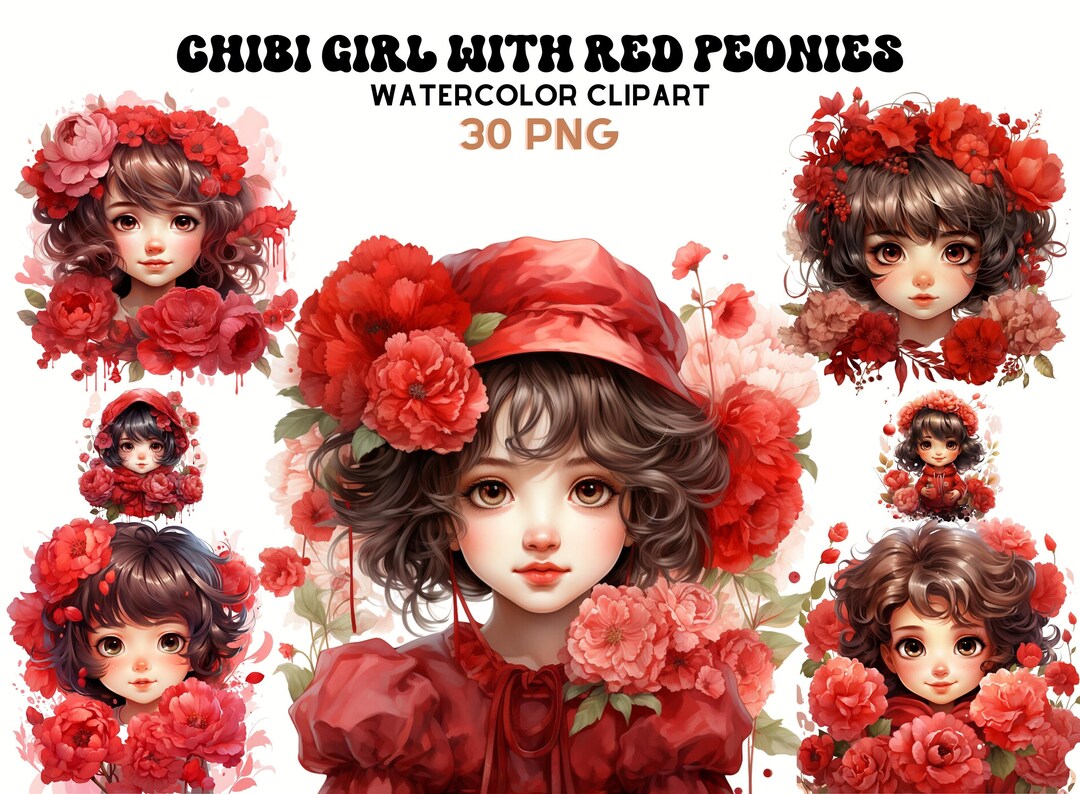 Chibi Girls With Red Peonies, Watercolor Girls, Cute Illustrations ...