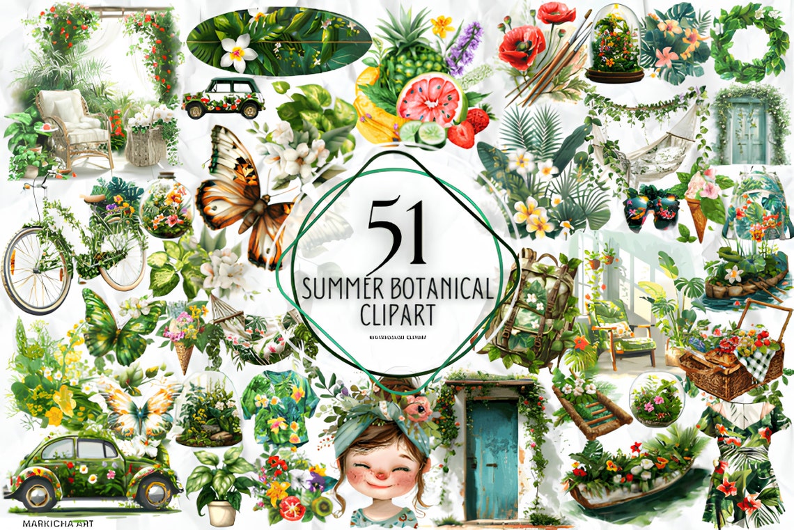 Summer Botanical Clipart, Antique Flower Illustrations PNG Format ...