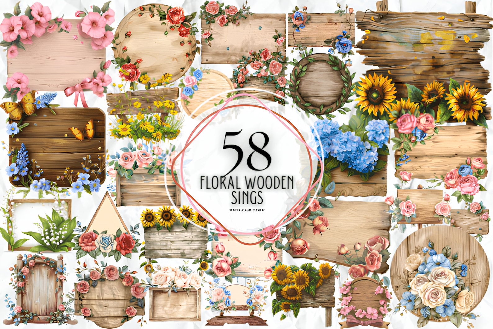 Floral Wooden Sign Clipart, Rustic Wood Sign, Printable Watercolor ...