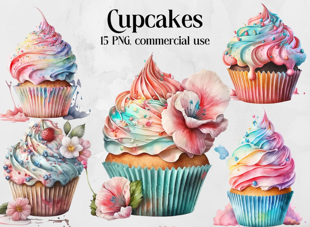Watercolor Cupcakes Clip Art, Cupcakes Clip Art Bundle, Cupcake PNG ...