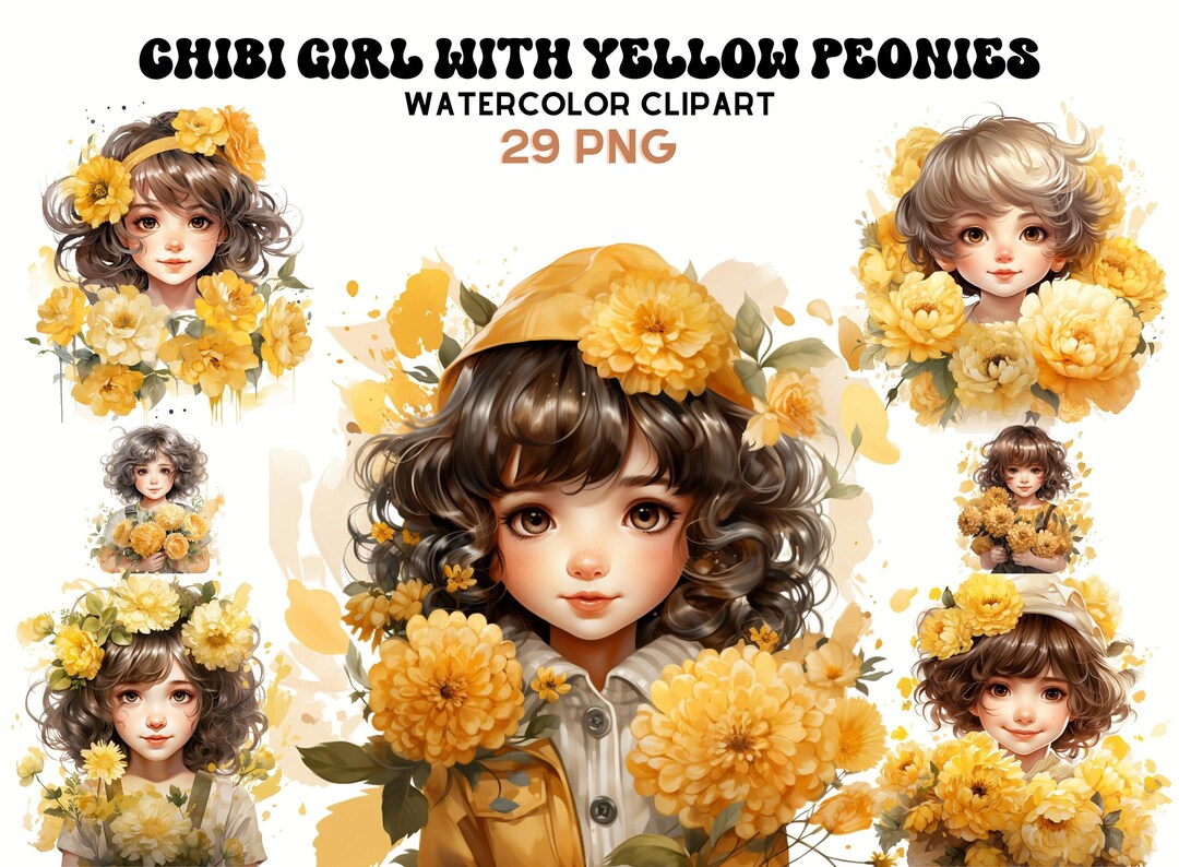 Chibi Girls Yellow Peonies, Watercolor Girls, Cute Illustrations ...
