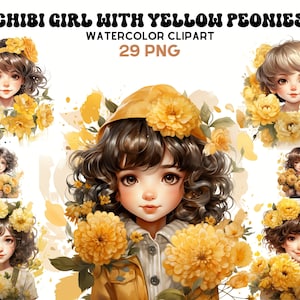 Chibi Girls Yellow Peonies, Watercolor Girls, Cute Illustrations ...