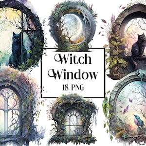 Witch Window Clipart, Watercolor Wiccan PNG, Witchery Lovers Gift ...