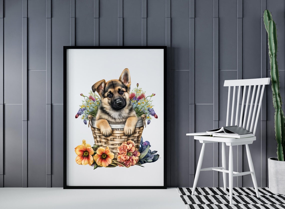Watercolor Puppies in Basket Clipart, Animal PNG, Cute Floral Dog ...