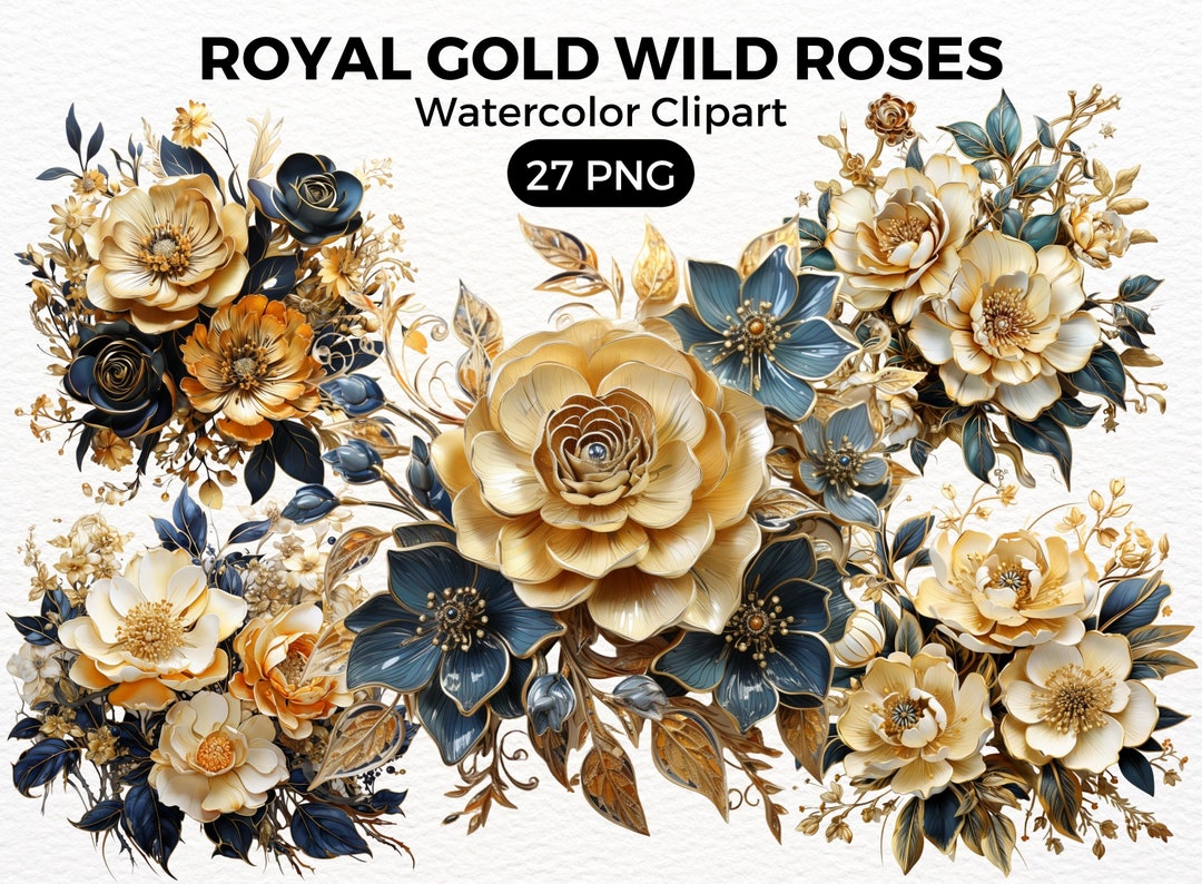 Watercolor Royal Gold Wild Roses Flowers PNG Clipart, Floral Clip Art ...