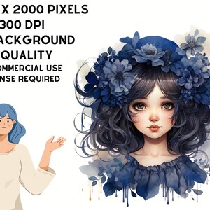 Chibi Girls Dark Blue Peonies, Watercolor Girls, Cute Illustrations ...