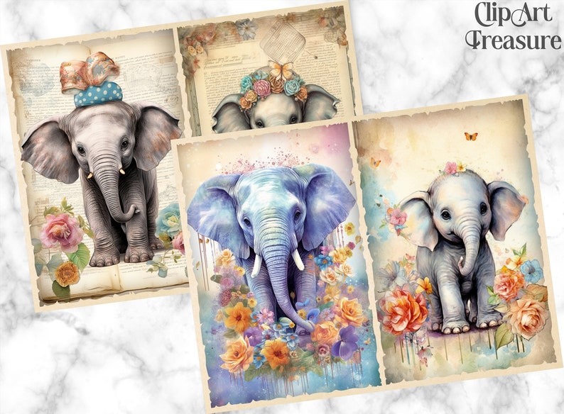 Watercolor Baby Elephant Junk Journal Printable Page, Elephant Junk ...