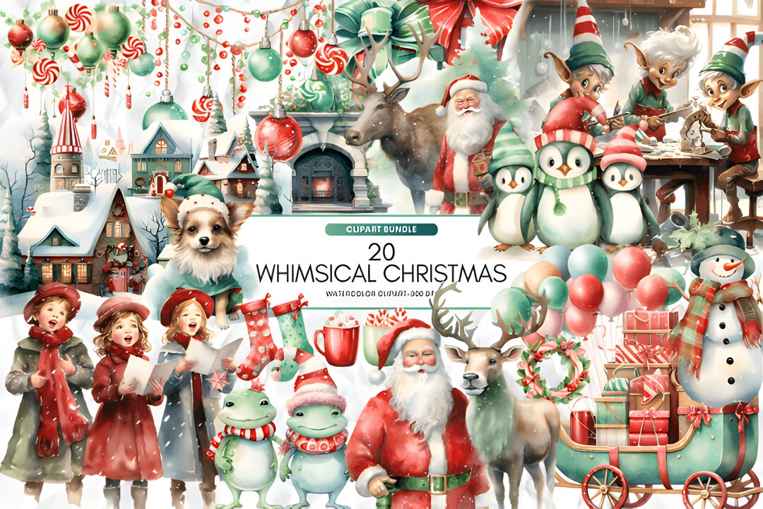 Whimsical Christmas Clipart Bundle | Painted Watercolor Christmas ...