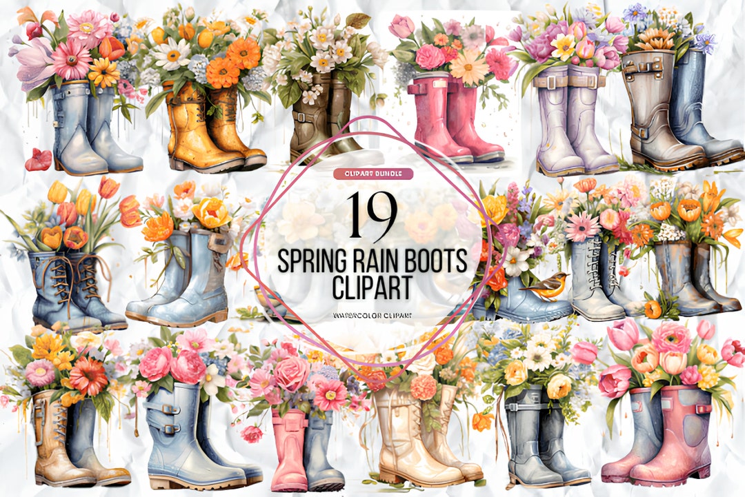 Watercolor Spring Rain Boots Clipart - Spring Garden PNG Watercolor ...