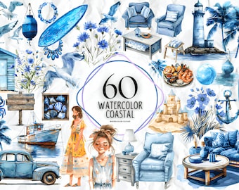 Watercolor Coastal Clipart, Beach Clipart, PNG, Travel Clipart ...