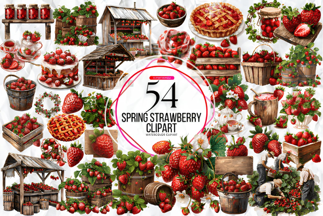 Watercolor Spring Strawberries Clipart - Digital Png Strawberry Cupcake ...