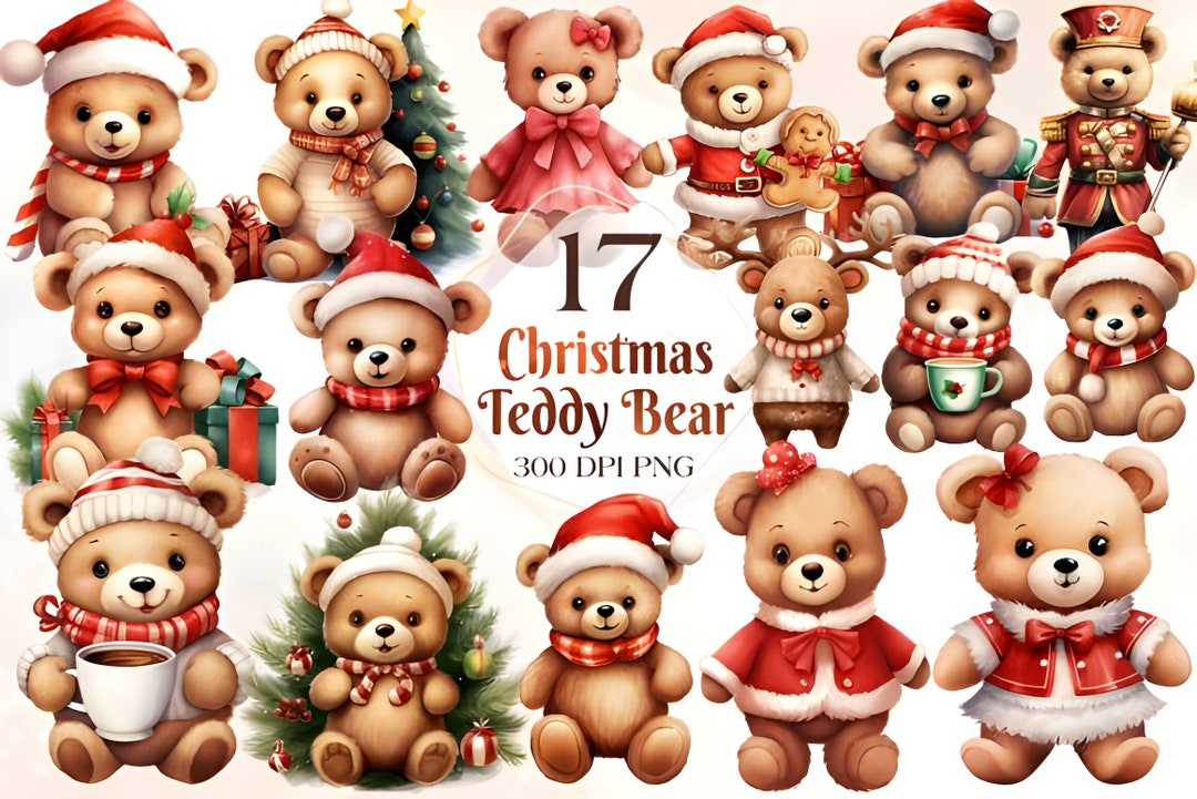 Watercolor Christmas Teddy Bear Clipart, 17 PNG Holiday Teddy Bear ...