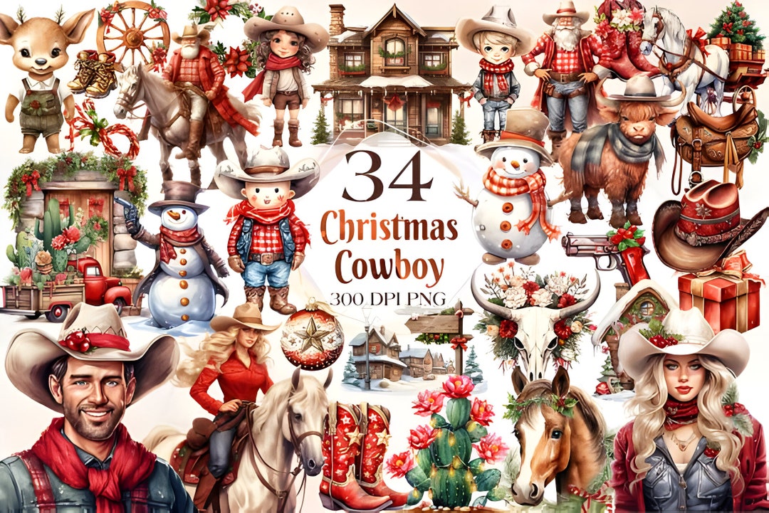 Watercolor Cowboy Christmas Clipart | Painted Christmas Clipart ...