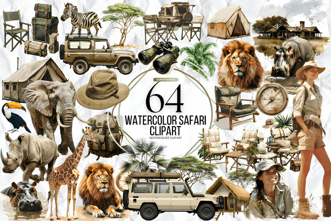 Watercolor African Summer Safari Clipart, Cute Safari Animals and Birds ...