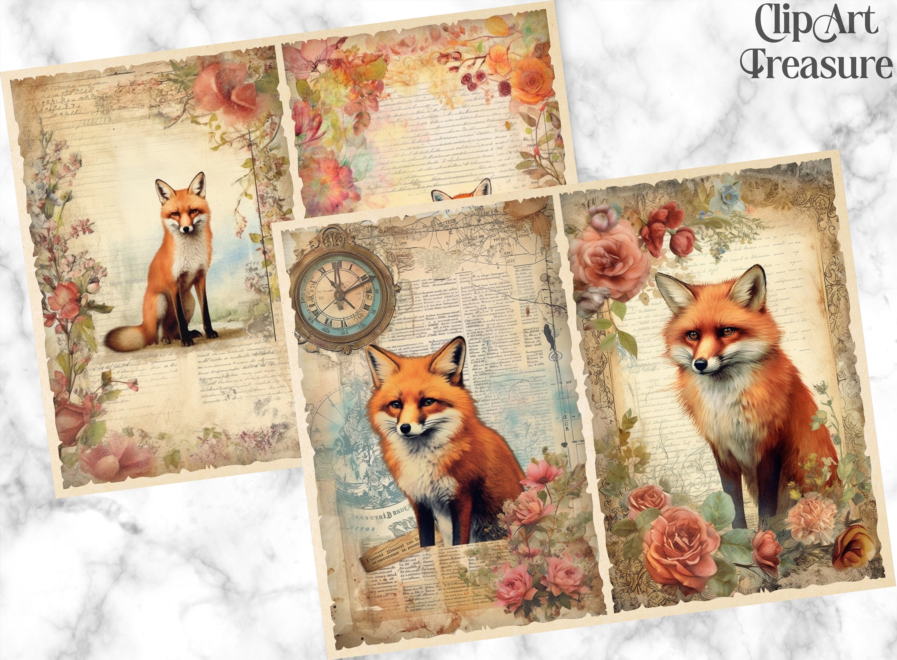 Watercolor Fox Junk Journal Printable Page, Fox Junk Journal Kit, Junk ...
