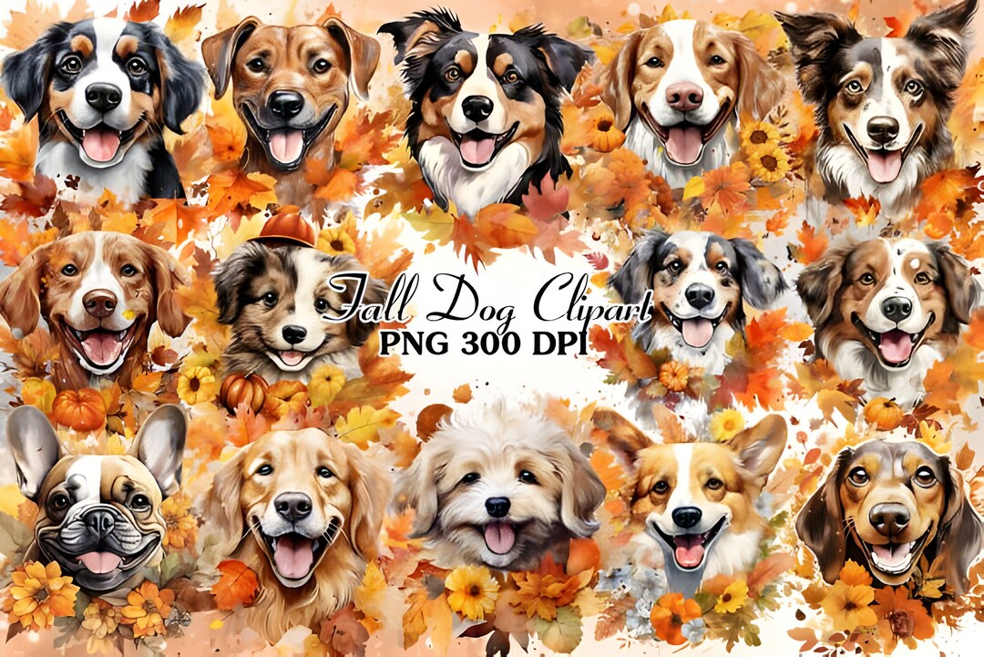 Autumn Cute Dogs and Puppies Clipart, Watercolor Clipart, Fall Season ...