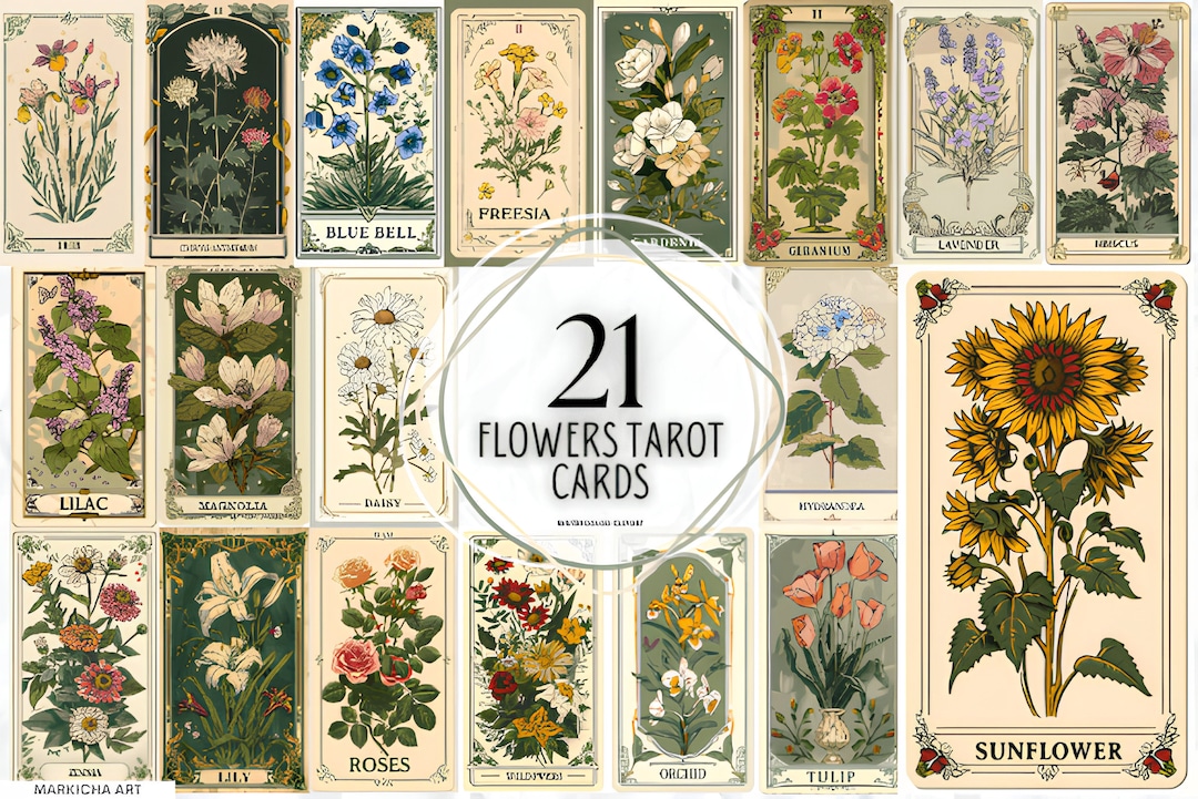 Printable 21 Flowers Floral Tarot Card Clipart, High Resolution ...