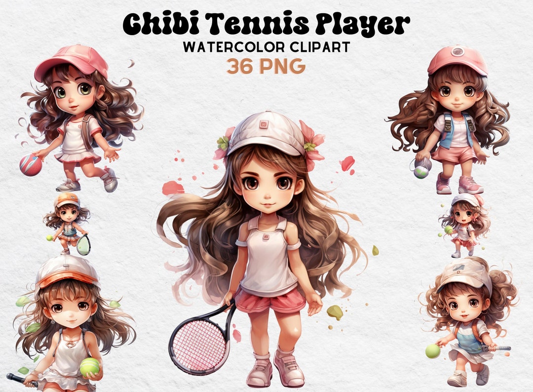 Cute Chibi Tennis Girls, Watercolor Girls, Cute Illustrations, Digital ...
