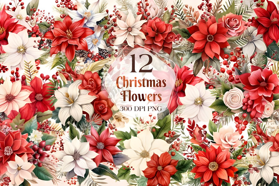 12 PNG Watercolor Christmas Flowers Clipart, Merry Christmas Bouquets ...