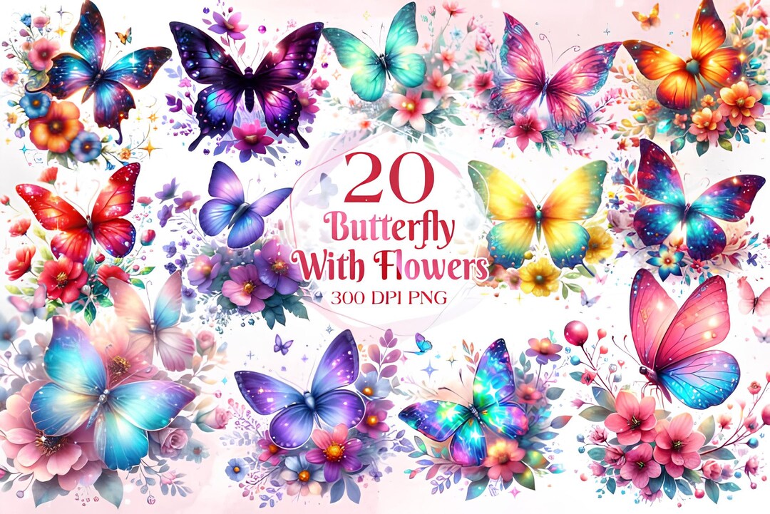 Floral Butterflies Flowers Watercolor Clipart Bundle PNG Butterfly ...