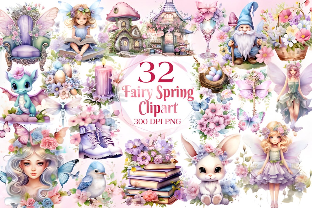 Watercolor Fairy Spring Garden Clipart Set. Cute Watercolor Magic ...