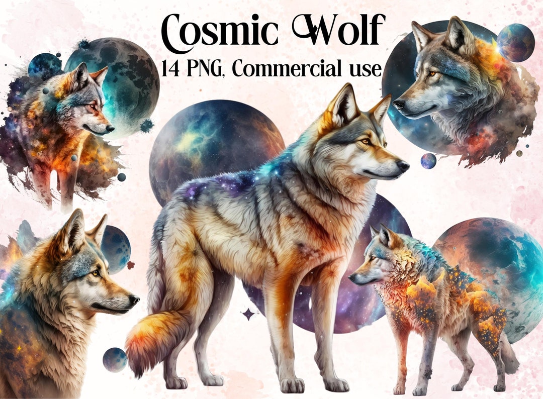 Watercolour Style Cosmic Wolves Clipart Bundle , Celestial Wolf, Png ...