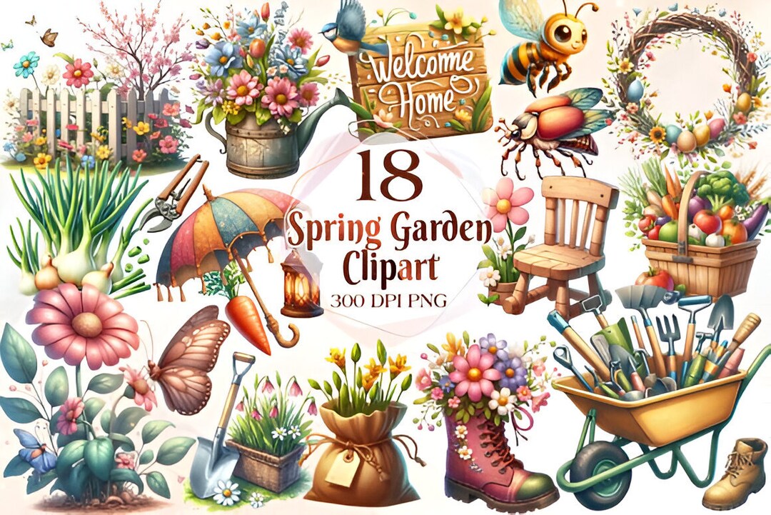 Watercolor Spring Gardens Clipart, Spring Garden Illustrations, Painted ...