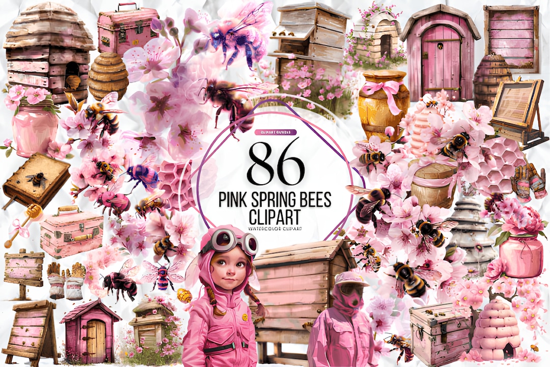 Watercolor Pink Spring Floral Honey Bees Clipart - Cute Bees With ...
