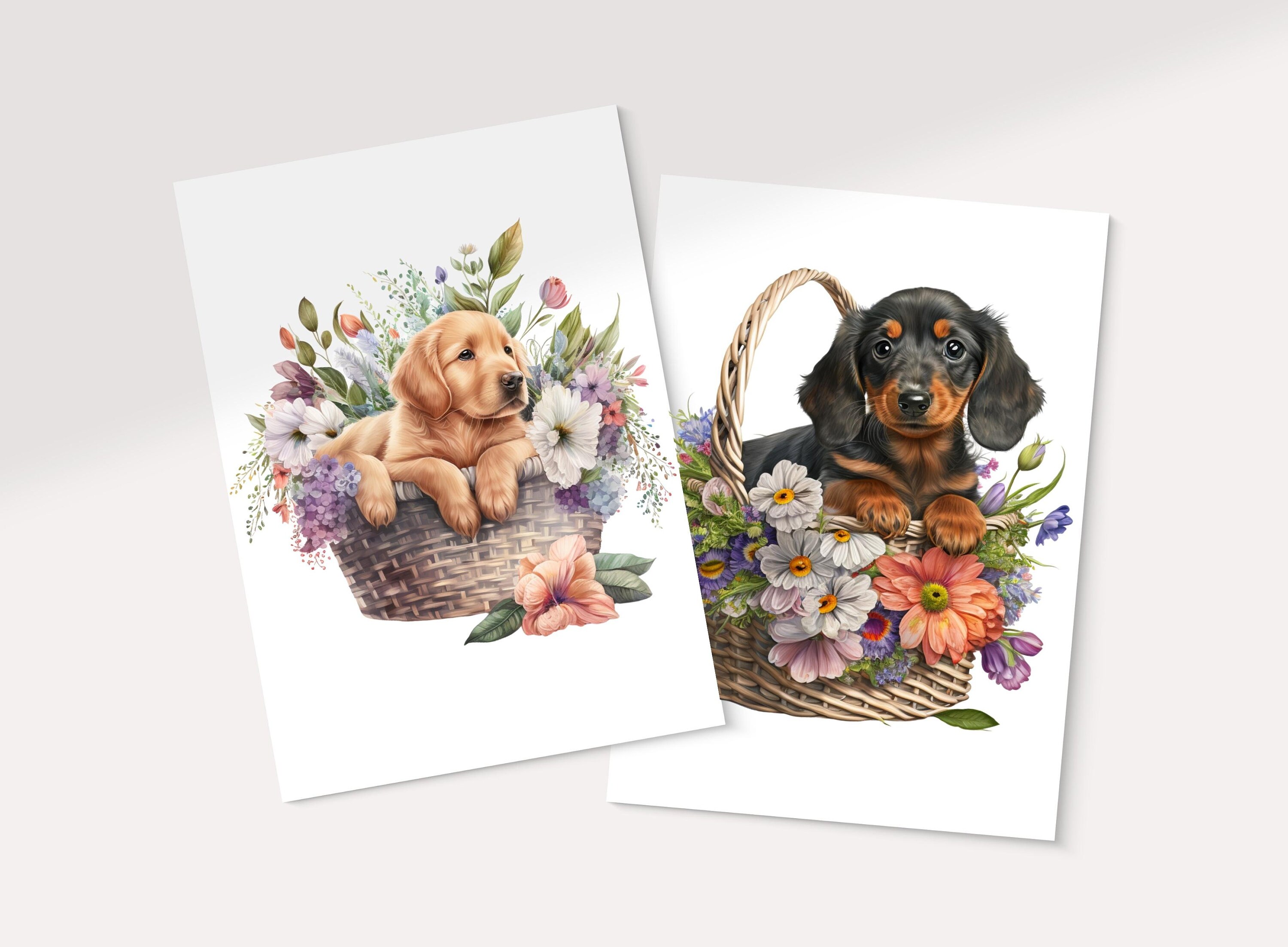 Watercolor Puppies in Basket Clipart, Animal PNG, Cute Floral Dog ...