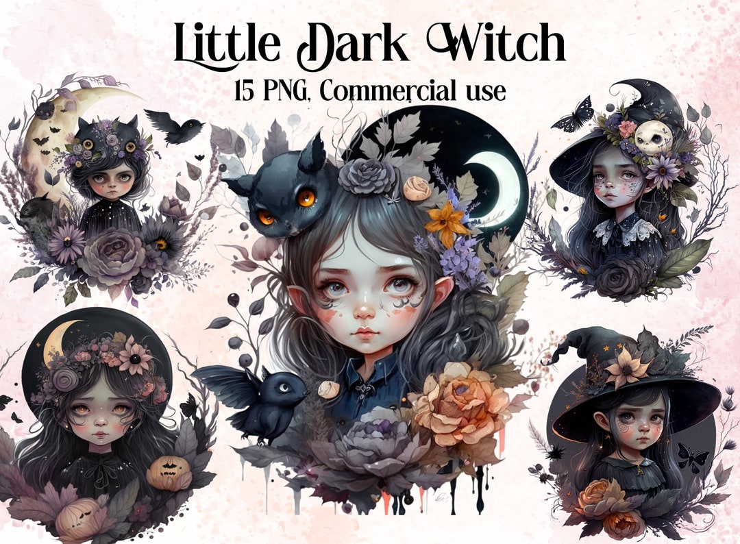 Dark Little Witch Clipart, Fantasy Magic Clip Art, Mystical Clipart ...