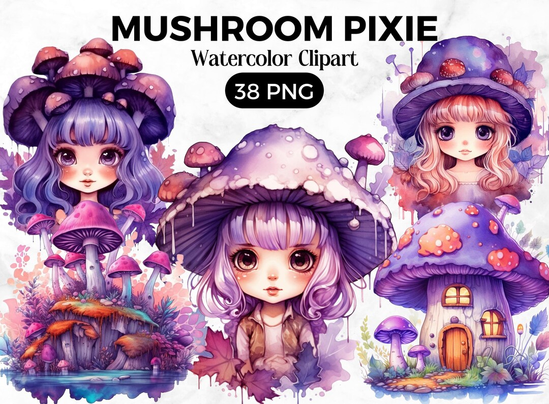 Watercolour Mushroom Pixie Clipart - Fairytale Fantasy PNG Digital ...