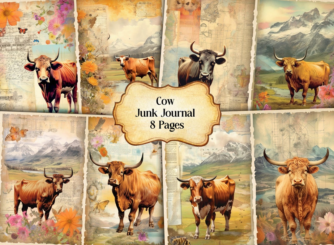 Watercolor Cow Junk Journal Printable Page, Cow Junk Journal Kit,junk ...