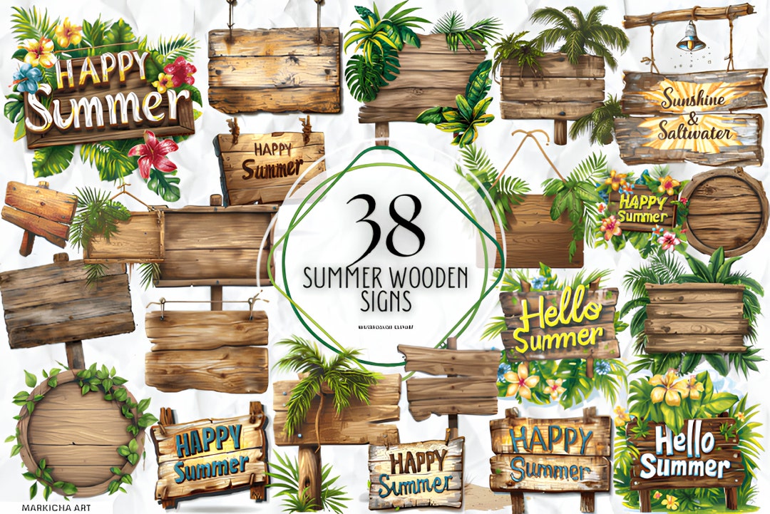 Watercolor Summer Wooden Signs Clipart - Beach Summer Vacation Rustic ...