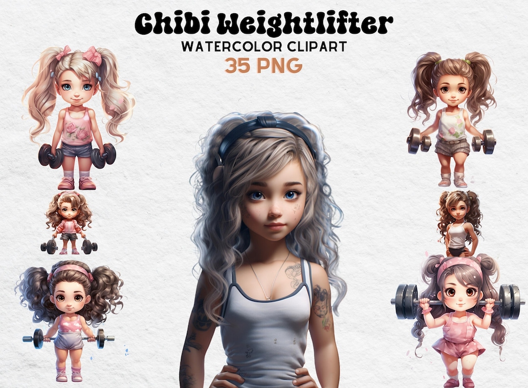 Cute Chibi Lifting Girls, Watercolor Girls, Cute Illustrations, Digital ...