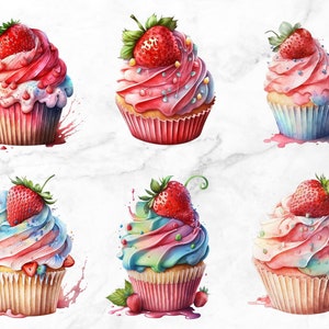 Strawberries Watercolor Cupcakes Clipart, Cupcakes Clip Art Bundle Pngs ...