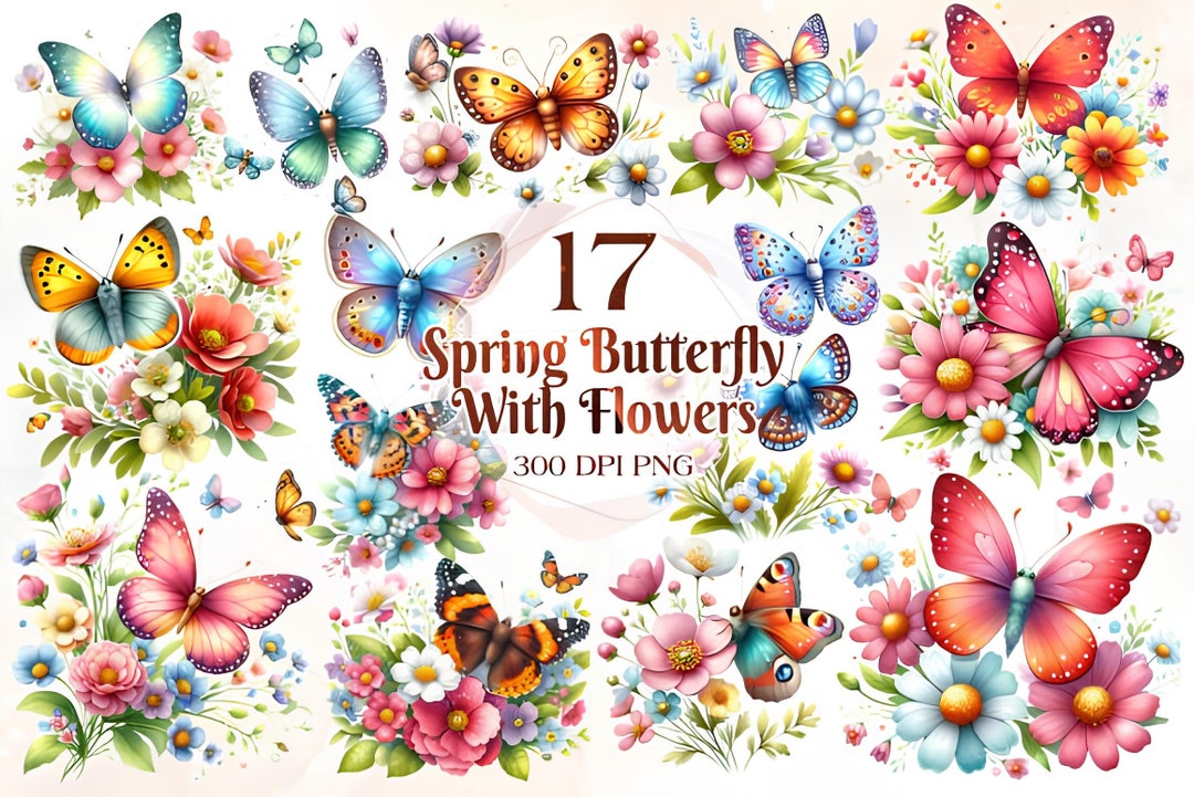 Spring Butterflies Flowers Watercolor Clipart Bundle PNG Butterfly ...
