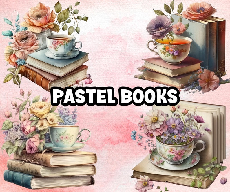 Watercolour Pastel Books Clipart PNG Pastel Floral Book Clip - Etsy