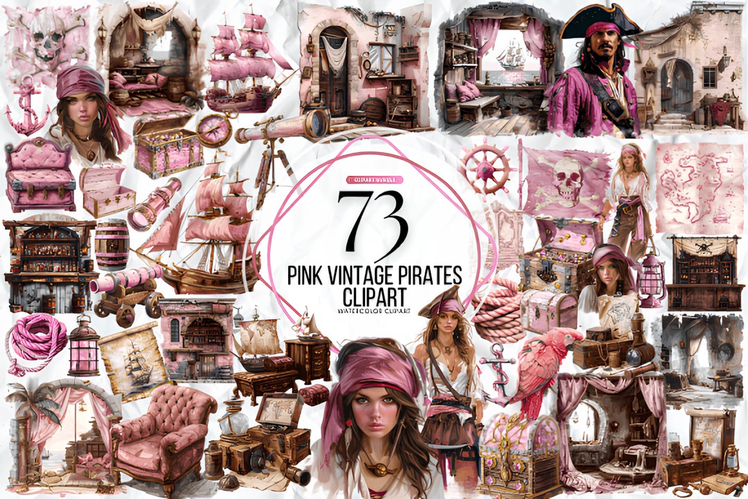 Watercolor Pink Wintage Pirates Clipart, Buccaneers Download, Instant ...
