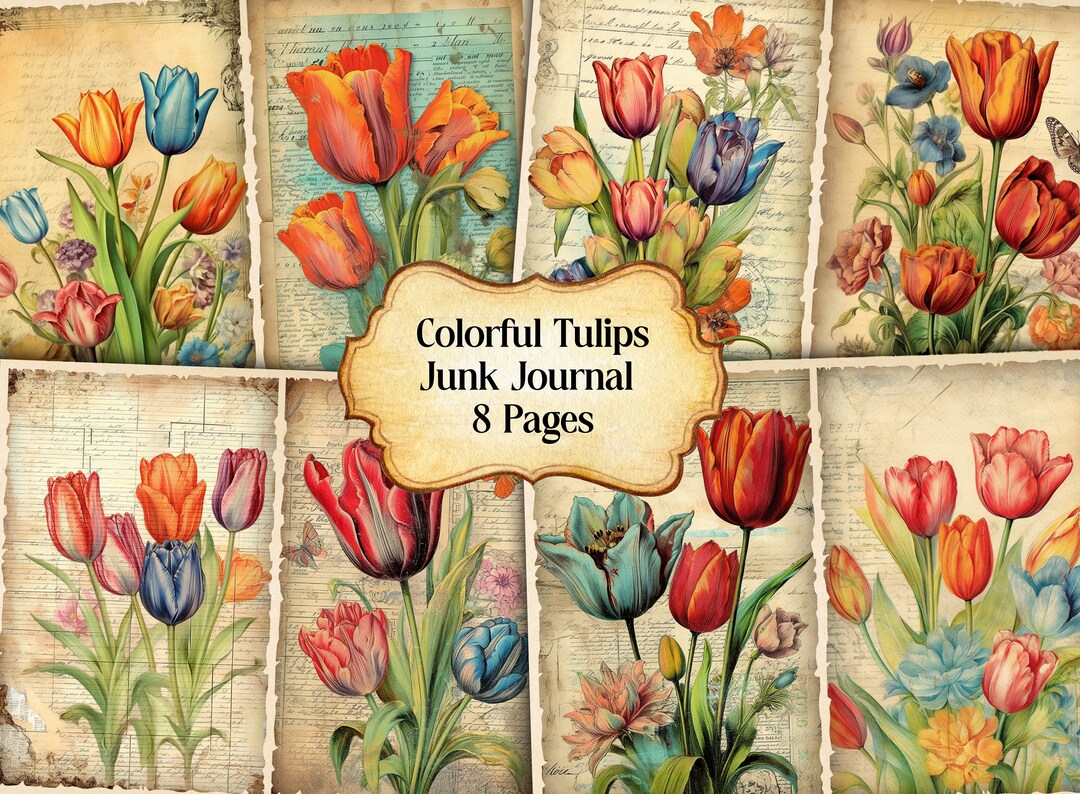 Colorful Tulips Junk Journal Kit, Vintage Tulips Junk Journal Pages ...