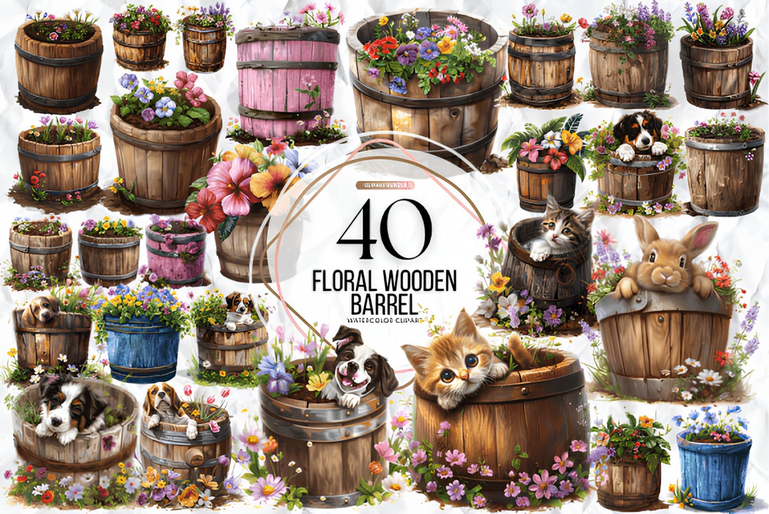 Floral Spring Wooden Barrels Clipart, 40 High Quality Pngs, Digital ...