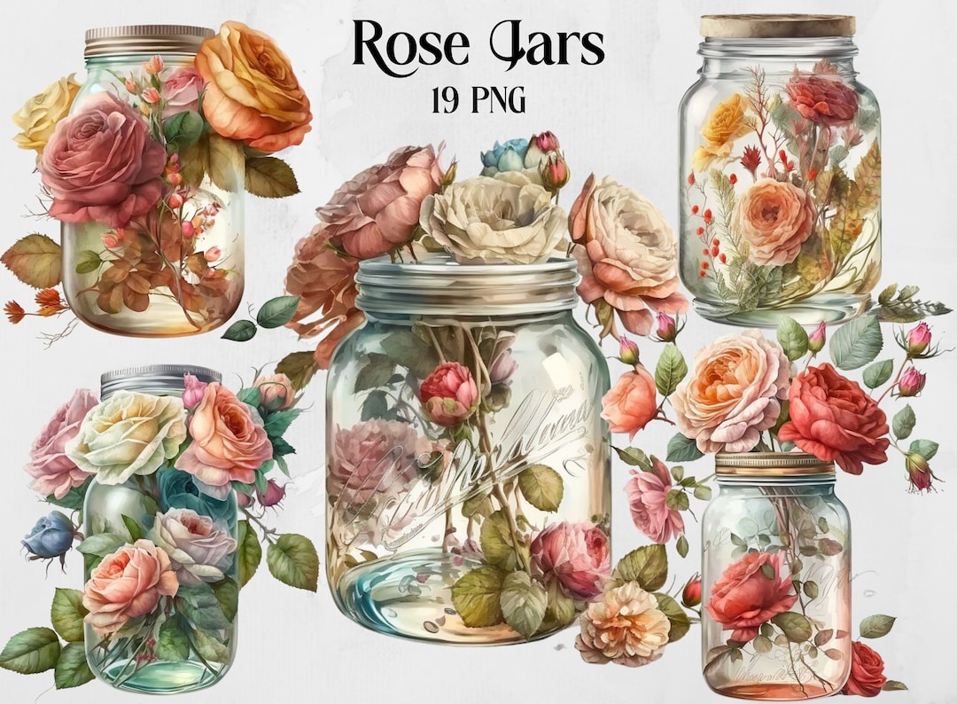 Rose Jar Clipart, Watercolor Rose PNG, Romantic Flower Clipart, Floral ...