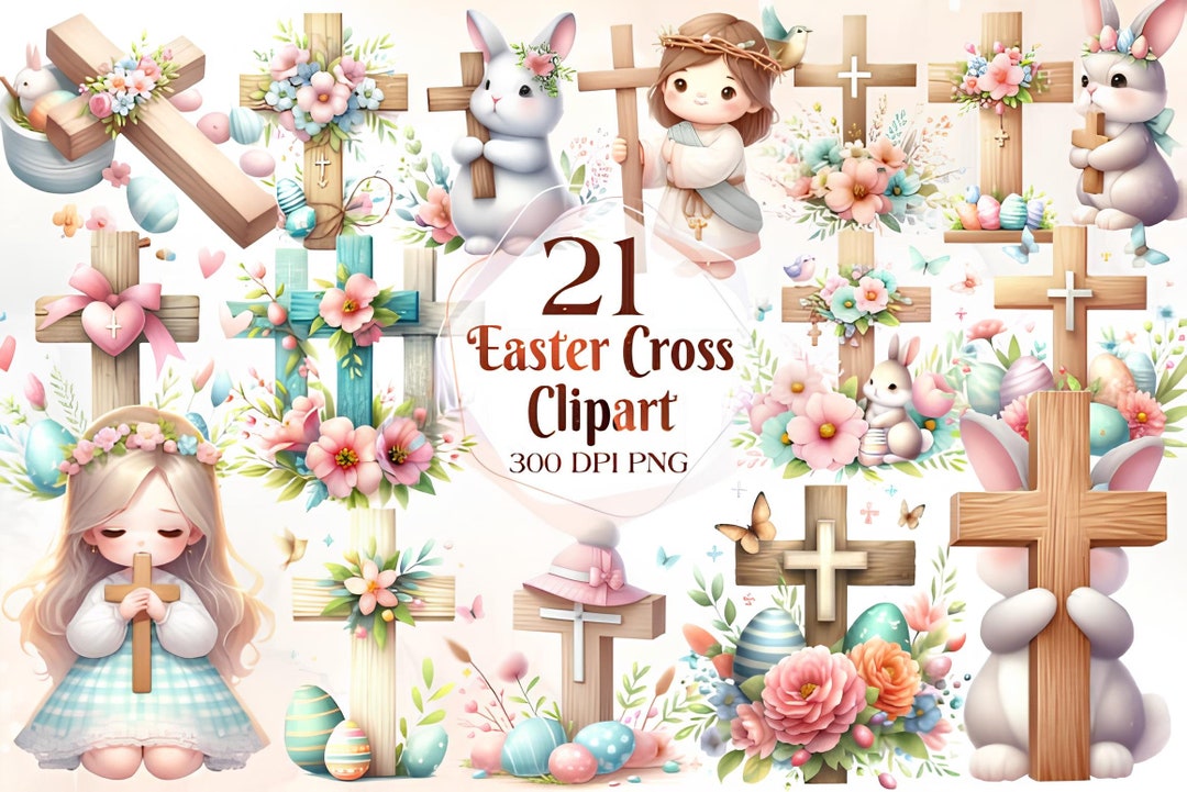 Watercolor Easter Cross Cute Clipart Easter Story Bible Clipart Wooden ...