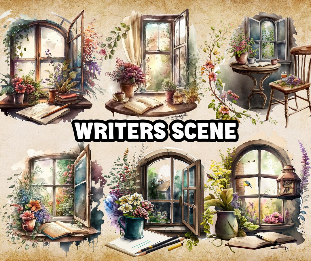 Cute Watercolor Vintage Writers Scene Commercial Use Clipart - Etsy