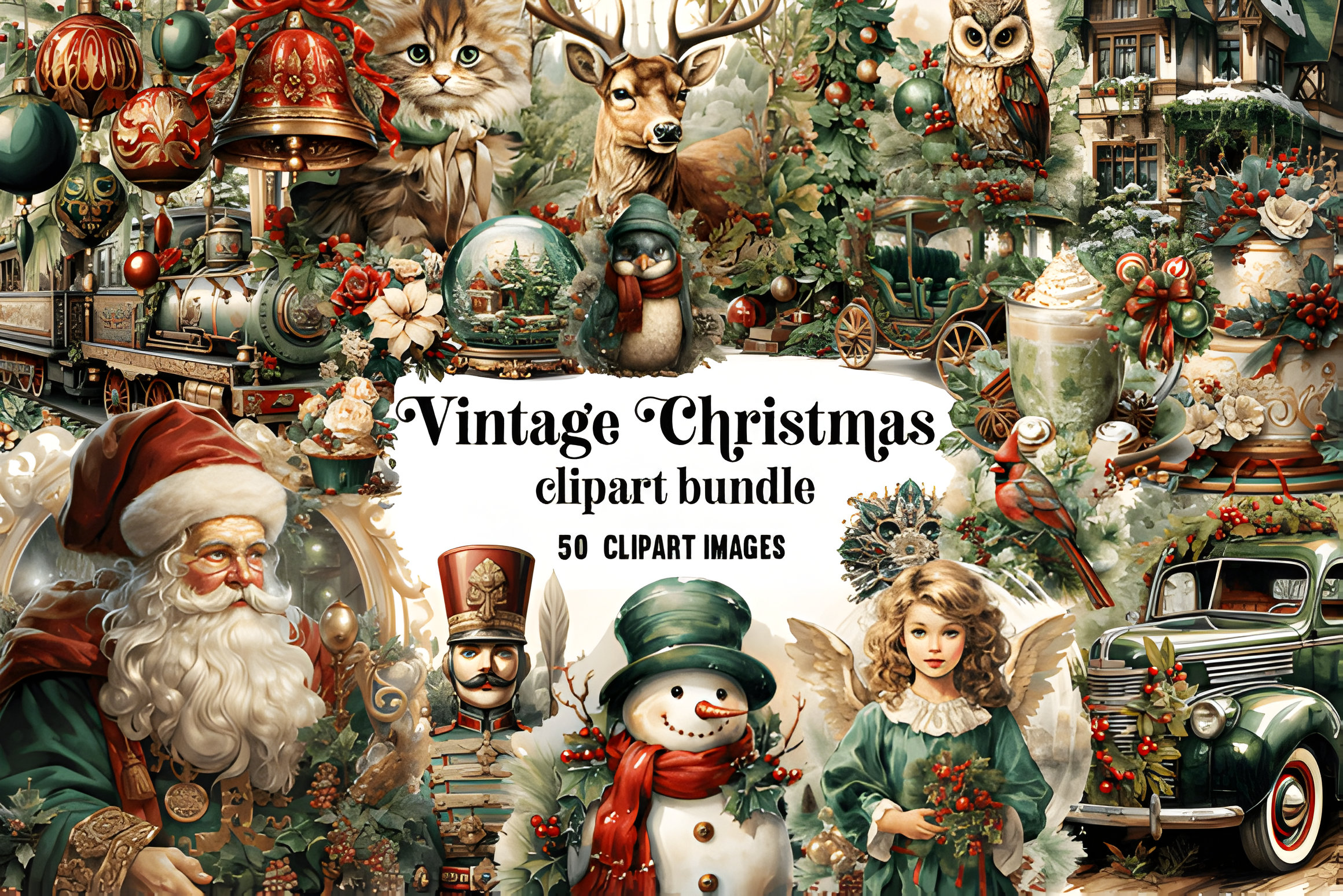 Vintage Christmas Clipart Bundle | Painted Watercolor Christmas Clipart ...