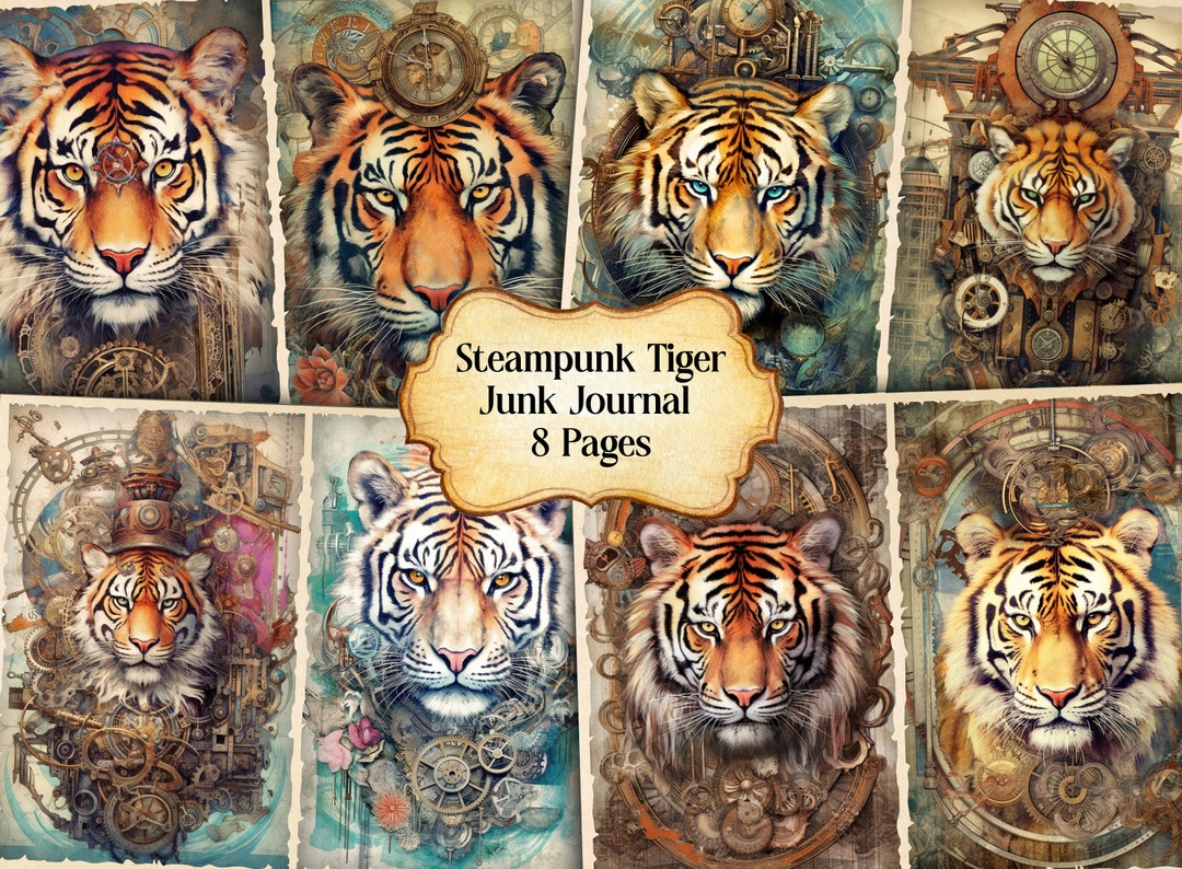 Watercolor Steampunk Tiger Junk Journal Printable Page, Steampunk Junk ...