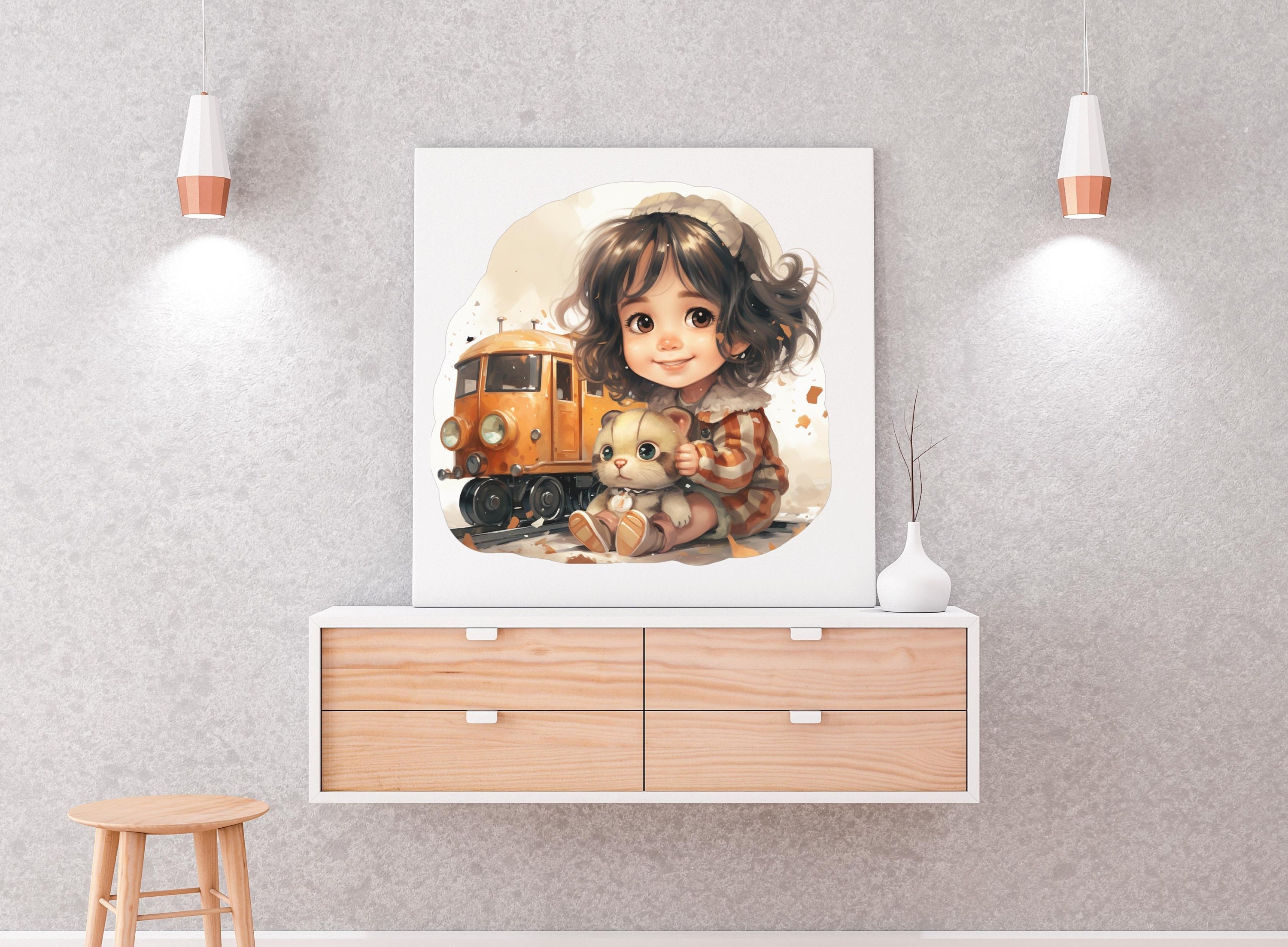 Cute Chibi Girls With Trains, Watercolor Girls, Cute Illustrations ...